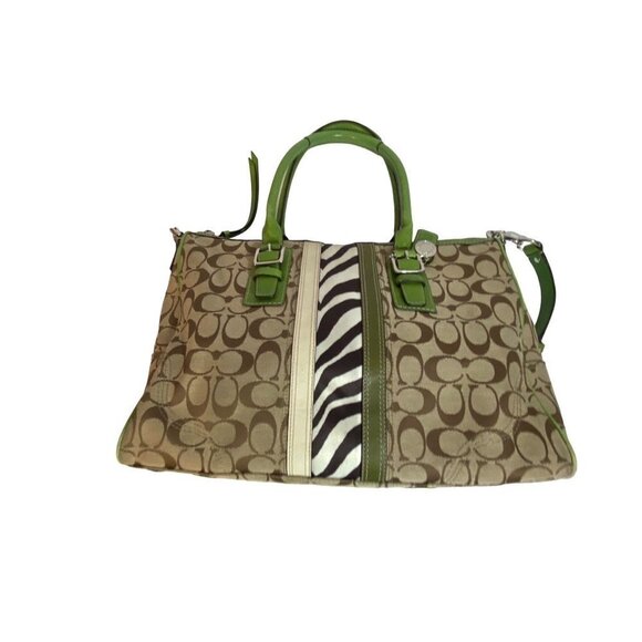Coach | Bags | Coach Animal Stripe And Green Leather Satchel With ...